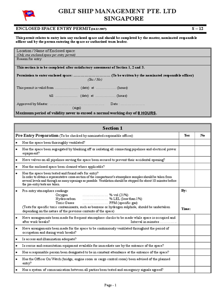 Enclosed Space Entry Permit Checklist | PDF | Gases | Nature