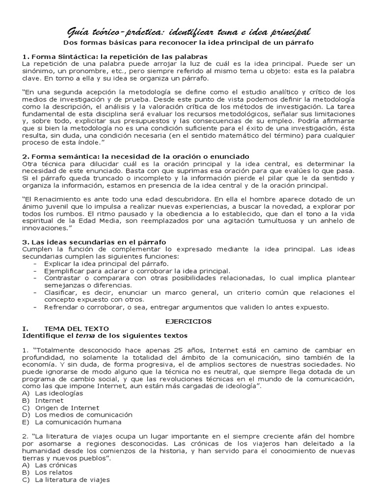 Guía para Identificar Ideas Principales | PDF | Oración (Lingüística ...