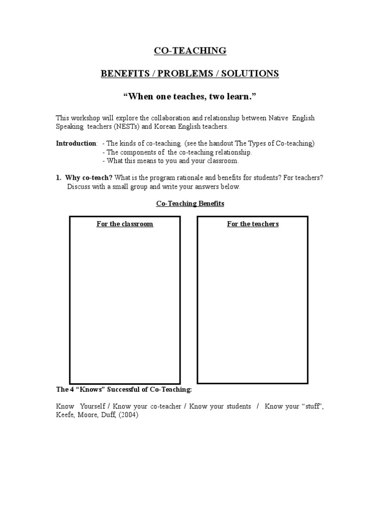 Co-Teaching Benefits / Problems / Solutions "When One Teaches, Two ...