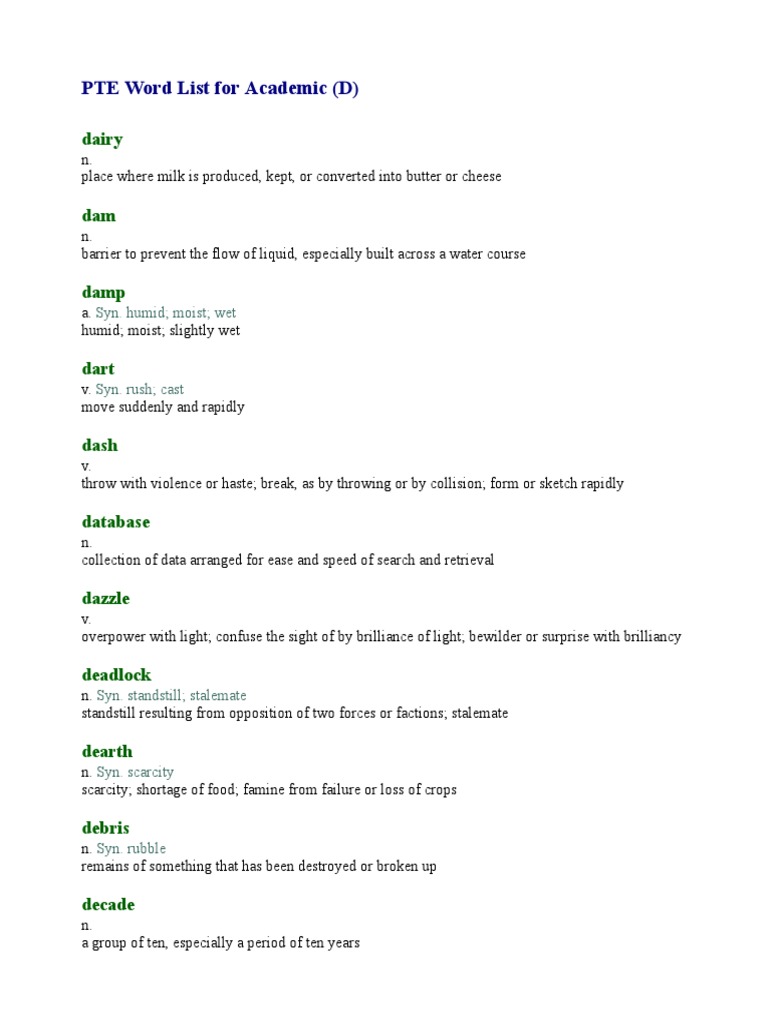 PTE Word List For Academic (D) : Dairy | PDF