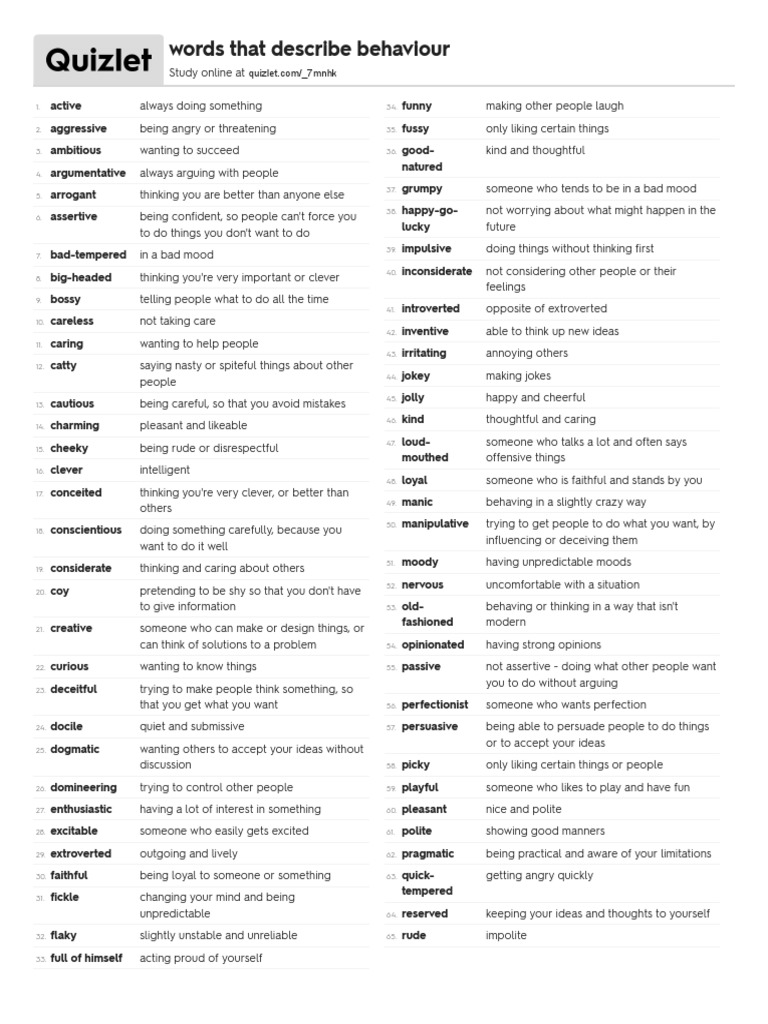 Words That Describe Behaviour | PDF | Psychology | Psychological Concepts