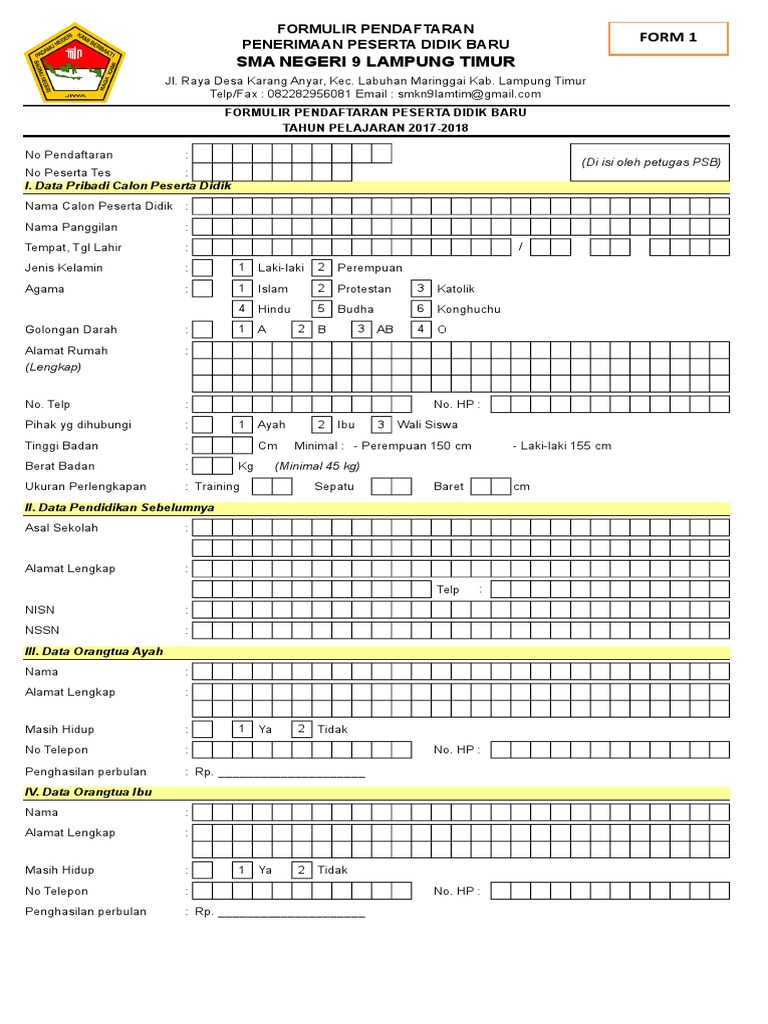 Formulir Pendaftaran Siswa SMK | PDF