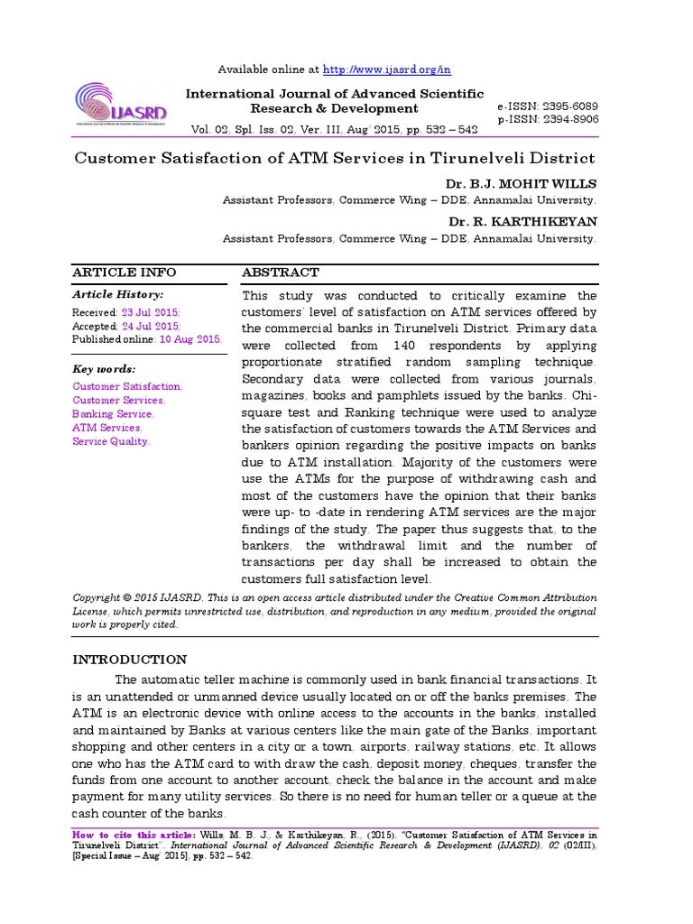 Customer Satisfaction of ATM Services in | PDF | Personal ...