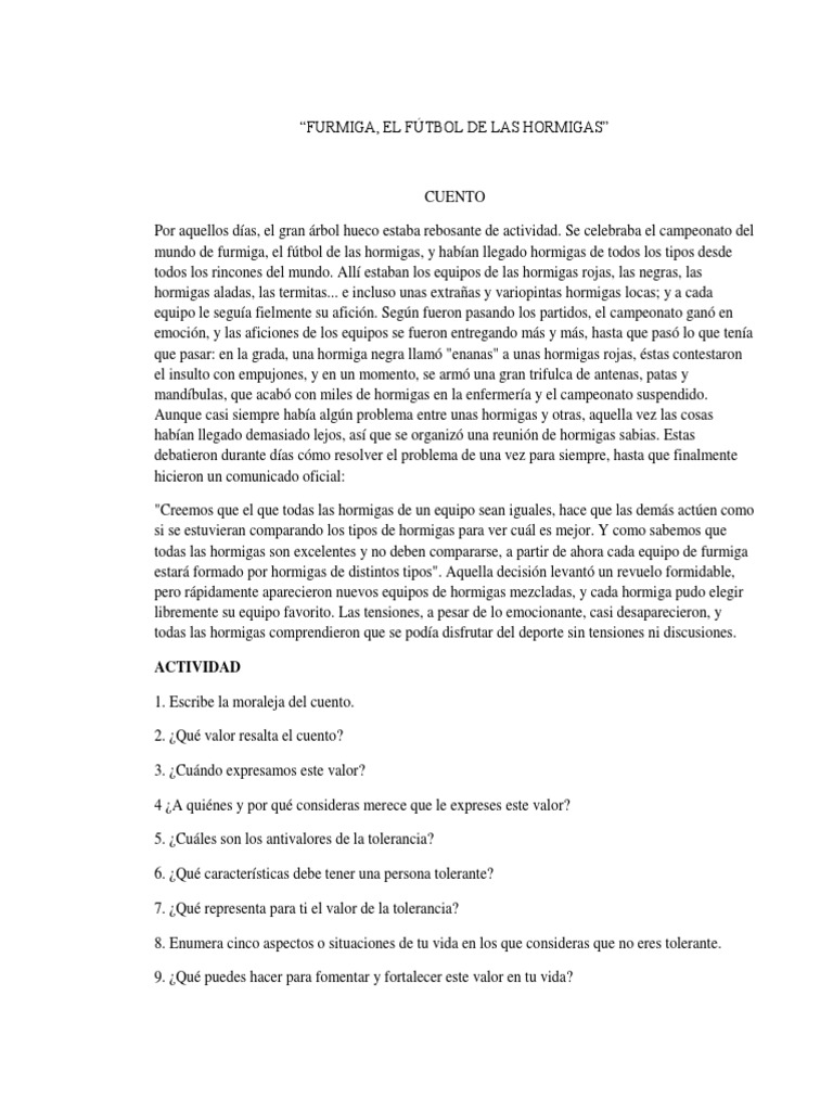 Cuento Furmiga - Tolerancia | PDF