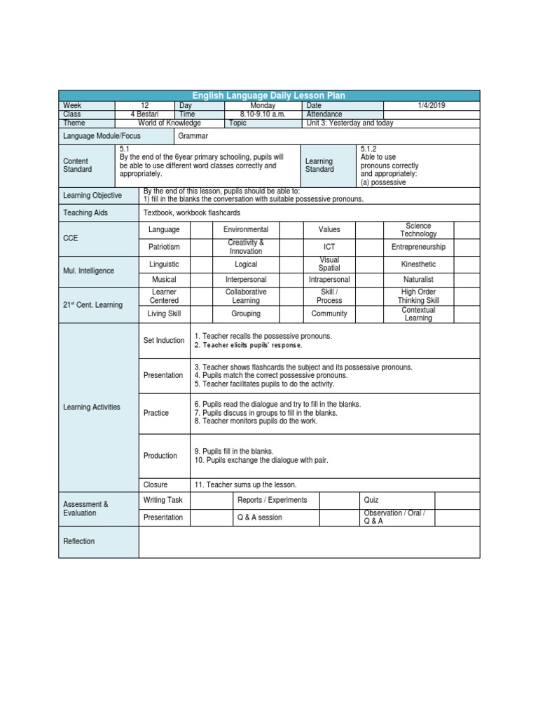 English Language Daily Lesson Plan | PDF | Lesson Plan | Learning