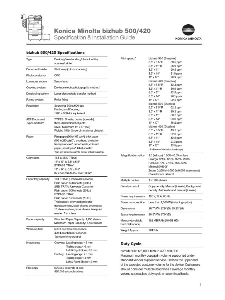 Konica Minolta Bizhub 500/420: Specification & Installation Guide | PDF ...