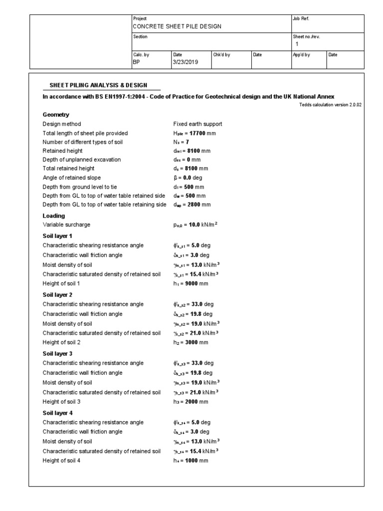 Concrete Sheet Pile Design Calculations | PDF | Deep Foundation | Friction
