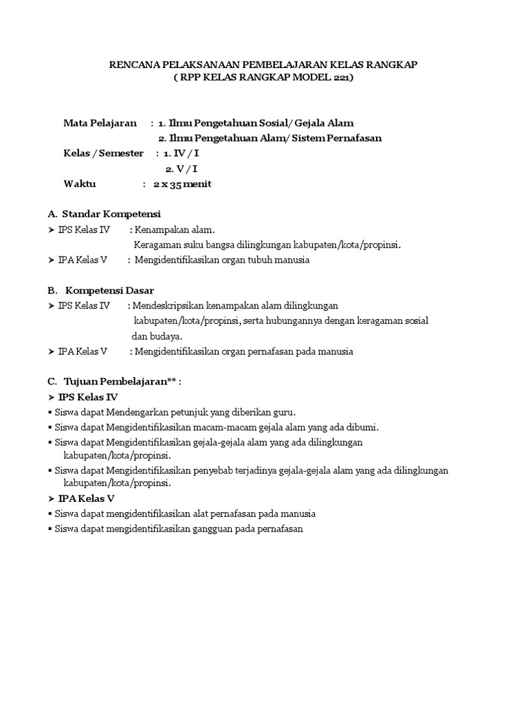 Contoh RPP Kelas Rangkap Model 221 IPA K | PDF