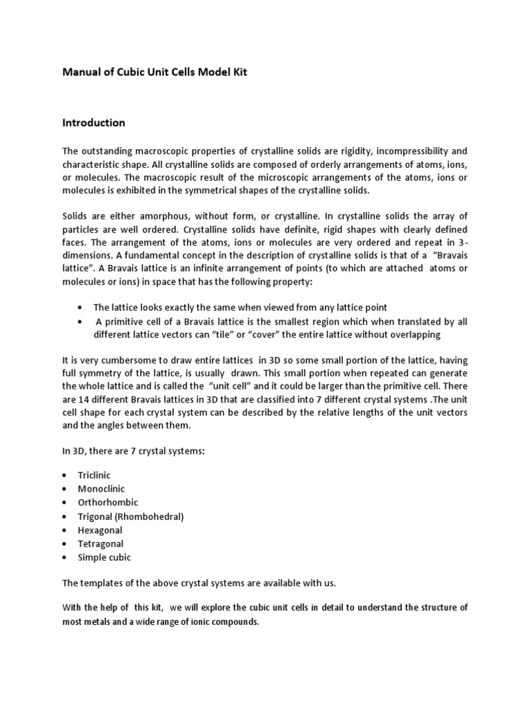 Cubic Unit Cells Model Kit | PDF | Crystal Structure | Sodium Chloride