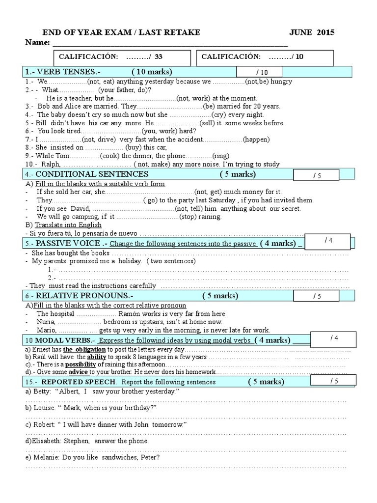 Examen Final Inglés 1 Bachillerato 2015 | PDF | Verb | Syntactic ...