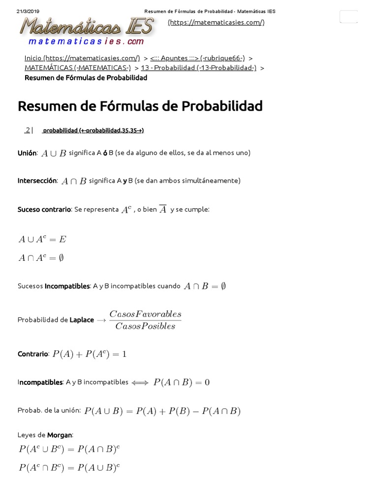 Resumen de Fórmulas de Probabilidad - Matemáticas IES | PDF ...