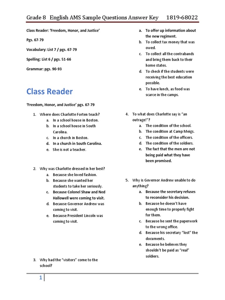 Class Reader: Grade 8 English AMS Sample Questions Answer Key 1819 ...