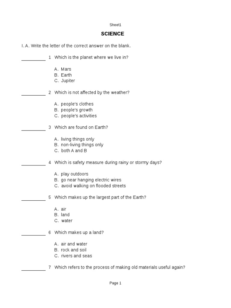 Grade 1 Science Quiz Reviewer | PDF | Weather | Cloud