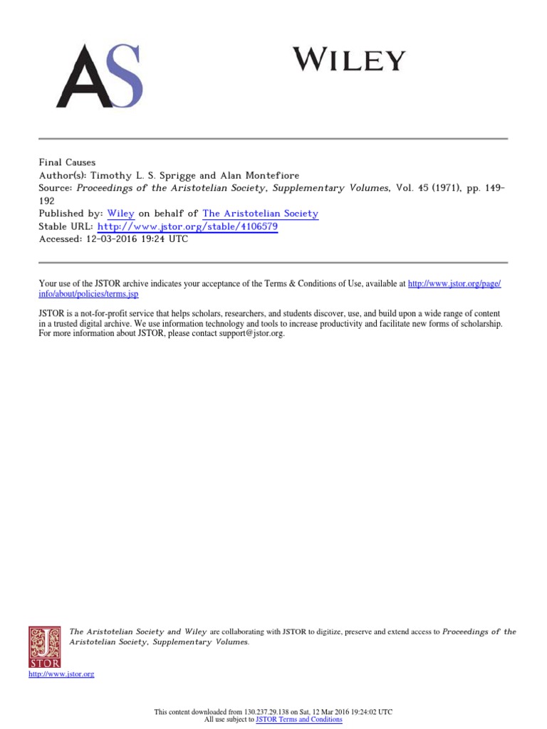 Timothy L. S. Sprigge and Alan Montefiore - Final Causes | PDF ...