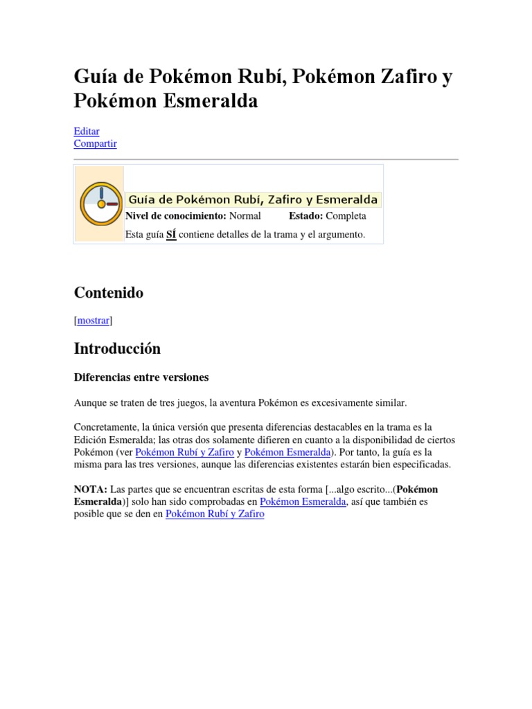 Guía de Pokémon Rubí, Zafiro y Esmeralda | PDF | Pokémon | Videojuegos