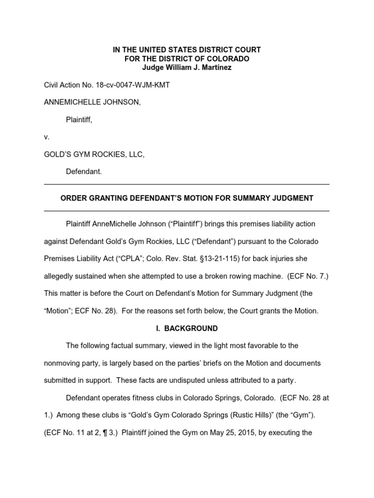 Gold's Gym Order Granting Defendant's Motion For Summary Judgment | PDF ...
