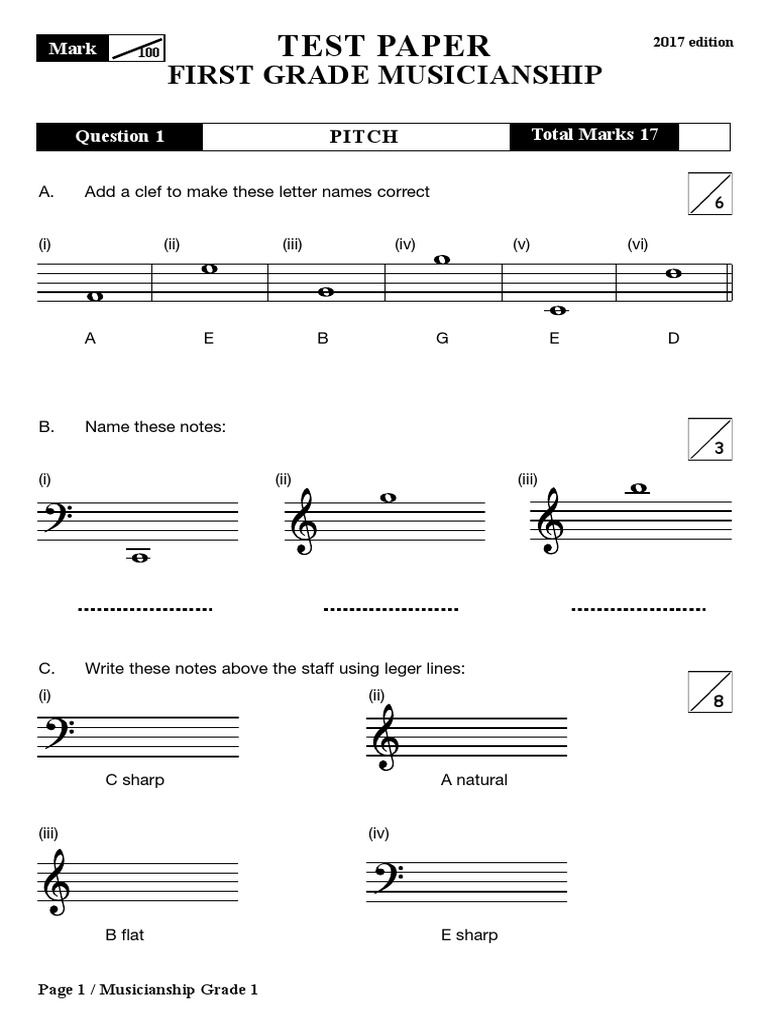Test Paper Test P Aper: First Grade Musicianship First Grade ...