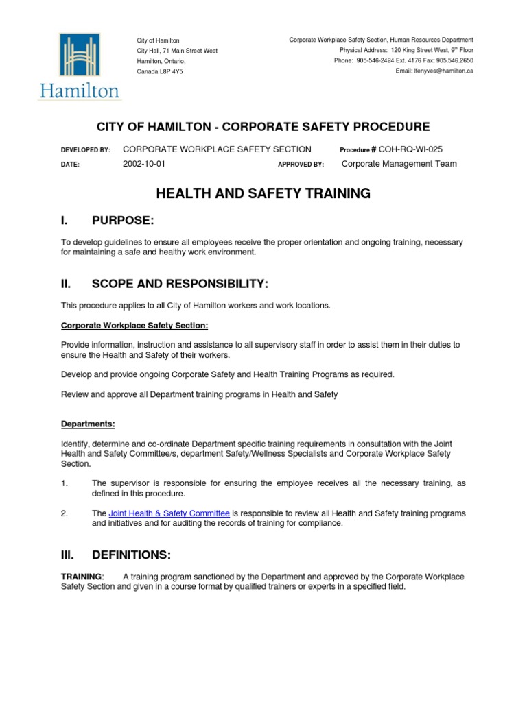Hamilton Corporate Safety Procedure Pdf Dangerous Goods
