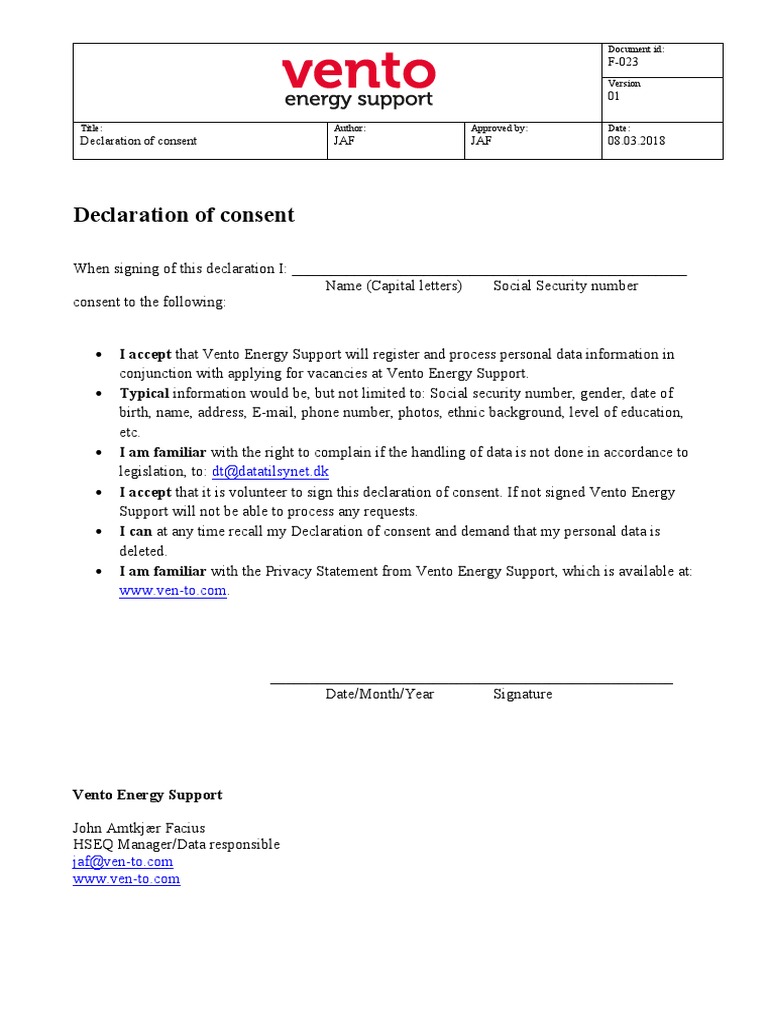 F-023 - Declaration of Consent - V1 | PDF