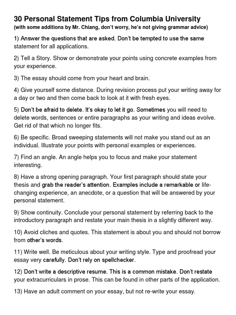 30 Personal Statement Tips | PDF | Paragraph | Essays