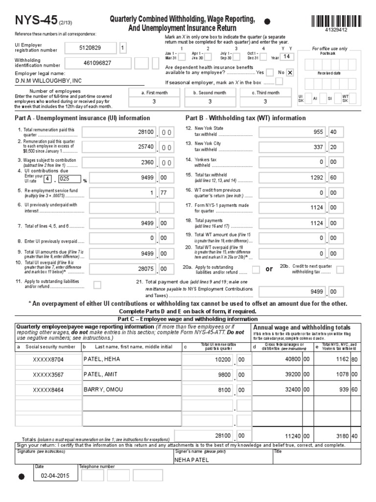 4th Quarter NYS-45 2014 PDF | PDF | Payroll Tax | Withholding Tax