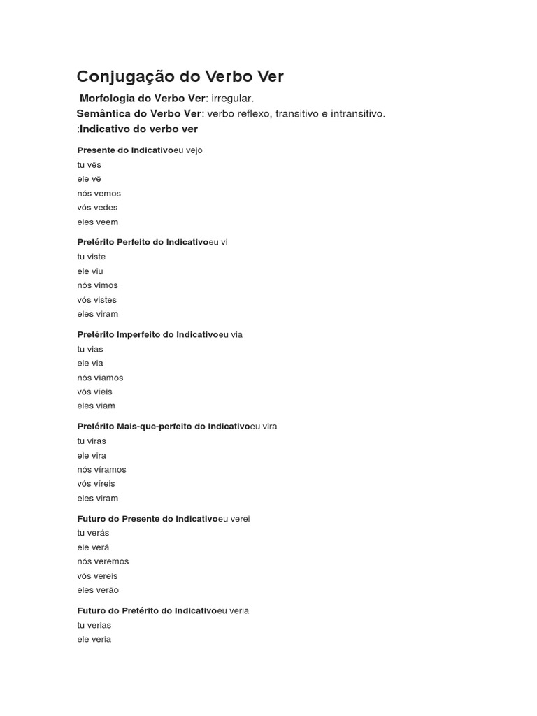 Conjugação Do Verbo Ver | PDF | Conjugação gramática | Semiótica