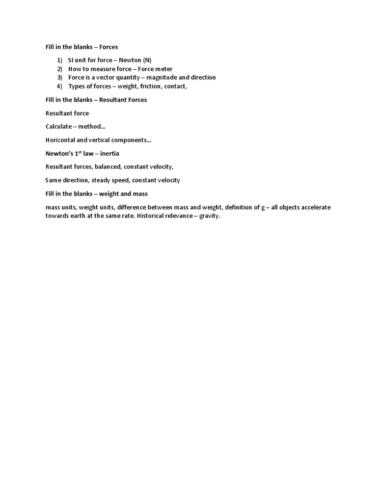 Force - Fill in The Blanks - Worksheet | PDF | Weight | Force
