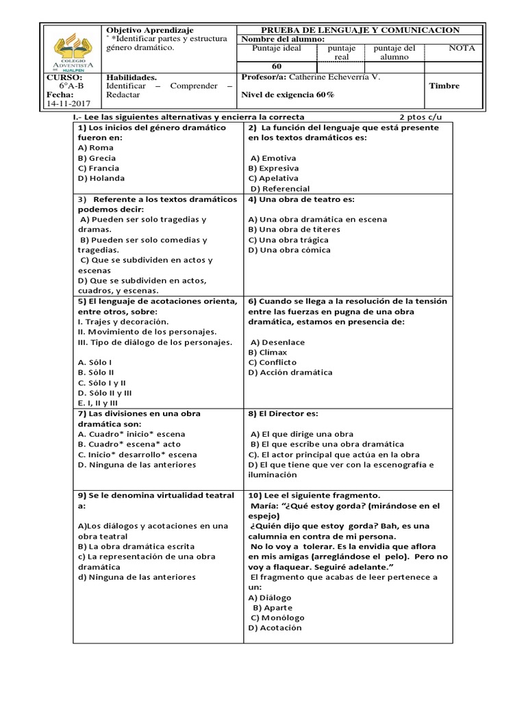 Prueba Genero Dramatico 6° Año | PDF | Teatro | Comedia
