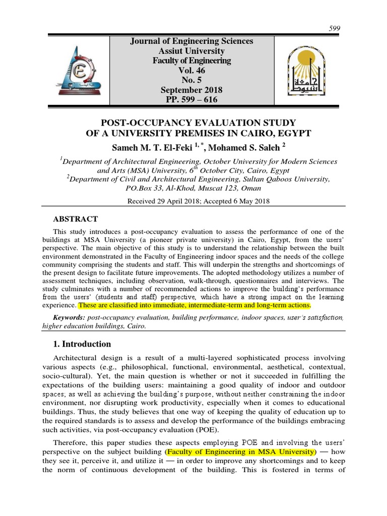 Post-Occupancy Evaluation Study of A University Premises in Cairo ...