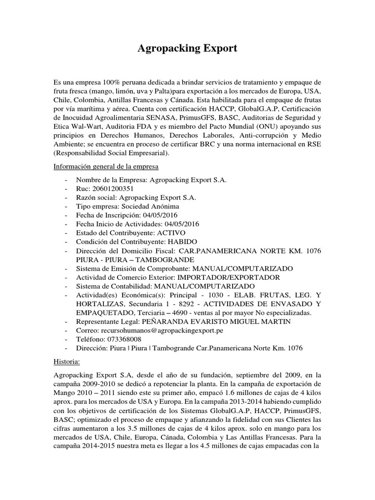 Agropacking Export | PDF | Análisis de Riesgo y Puntos Críticos de Control | Calidad (comercial)