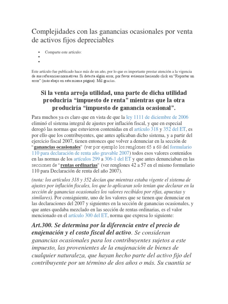 Complejidades Con Las Ganancias Ocasionales Por Venta de Activos Fijos ...