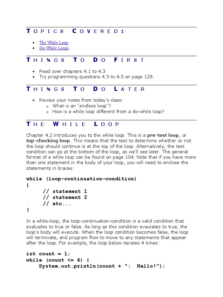 The While Loop Do-While Loops: Opics Overed | PDF | Control Flow | Computer Programming