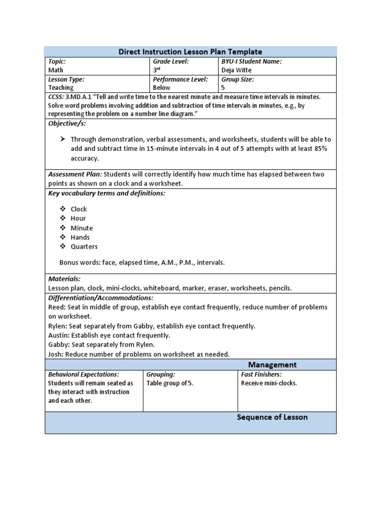 Direct Instruction Lesson Plan Template: Objective/s | PDF | Time ...