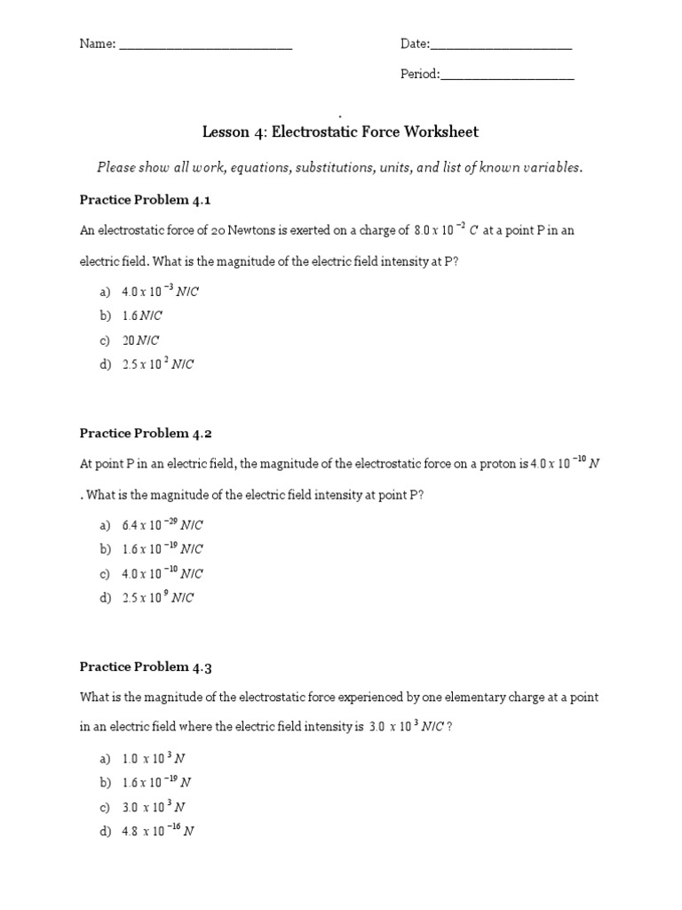 Electrostatic Force Worksheet | PDF