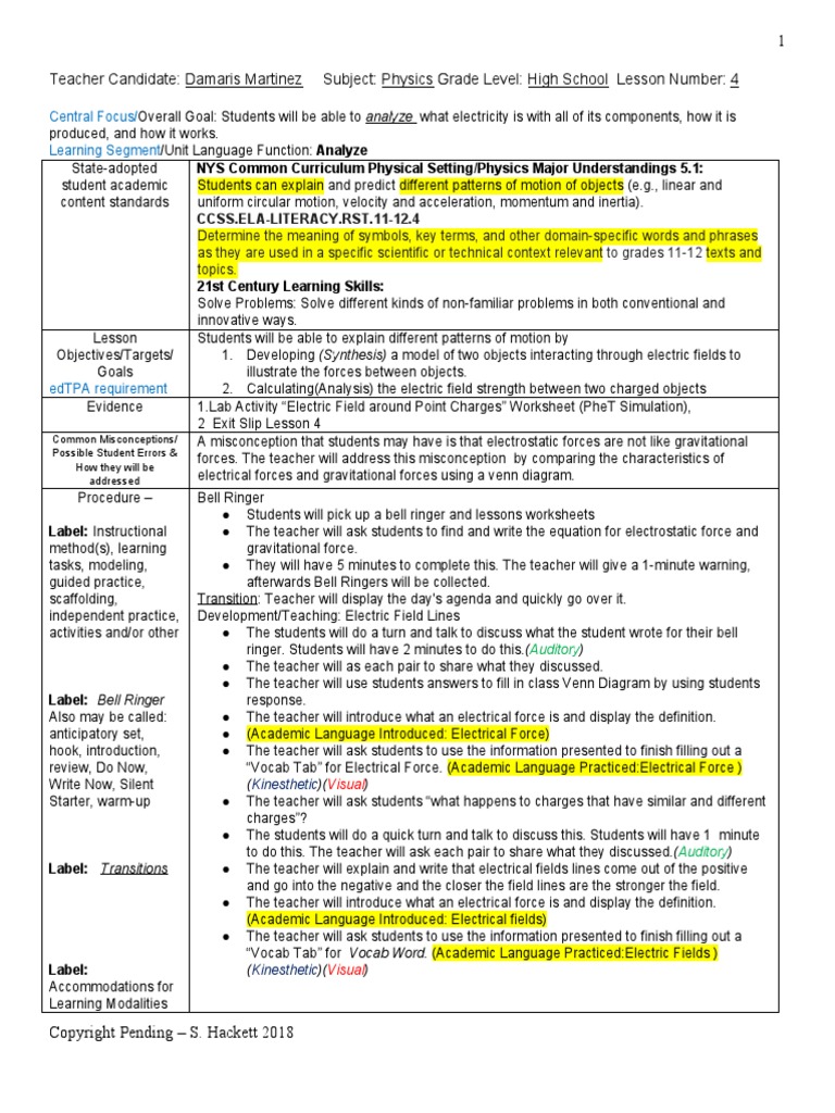 Lesson Plan #4 - Electrostatic Force | PDF | Vocabulary | Teachers