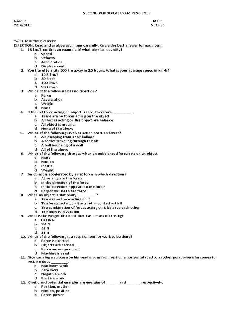 Second Periodical Physics Exam | PDF | Inertia | Acceleration