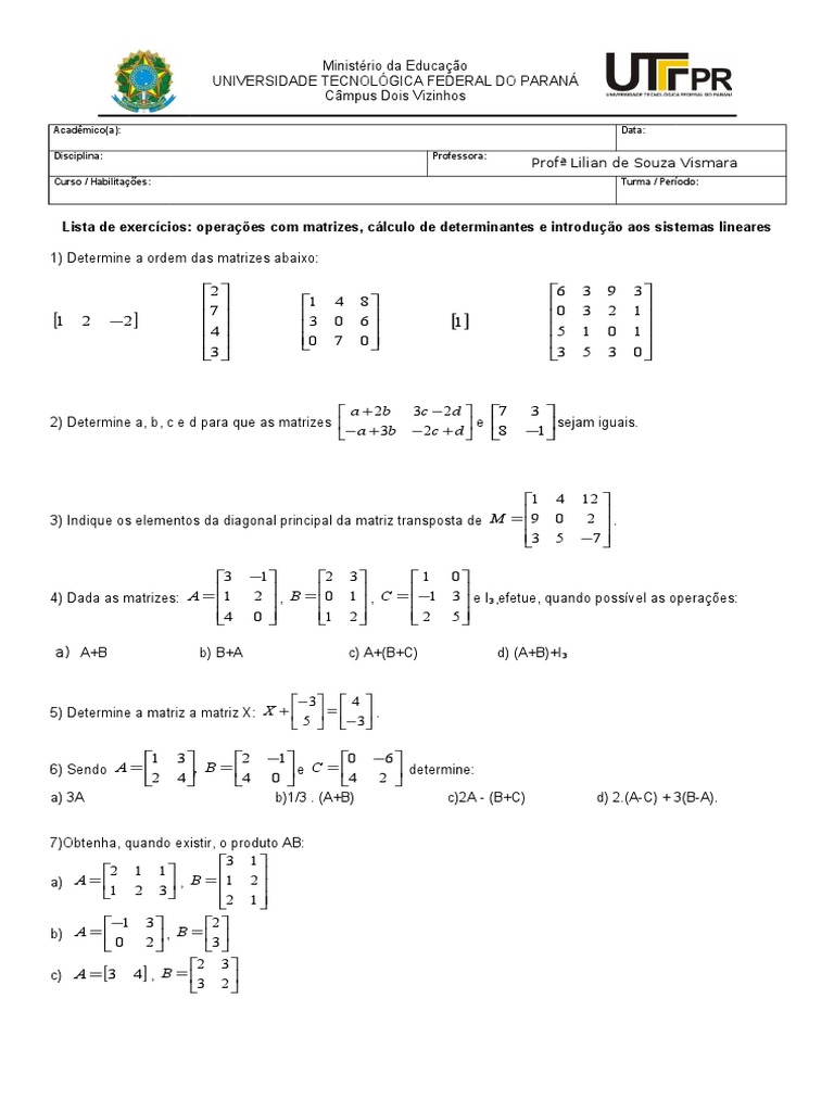 Lista1 - Matrizes - Determinantes e Sistemas Lineares | PDF | Teoria da ...