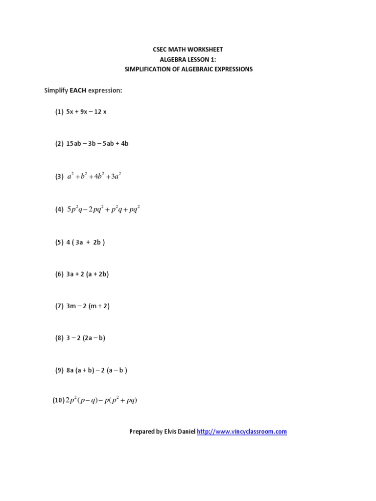 Simplifying Algebraic Expressions: A CSEC Math Worksheet for Algebra ...