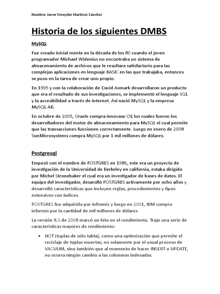 Historia de MySQL, PostgreSQL y Oracle | PDF | Oracle Corporation | Mi sql