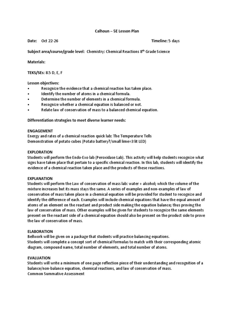 5E Chemical Reaction Lesson Plan 2 1 | PDF