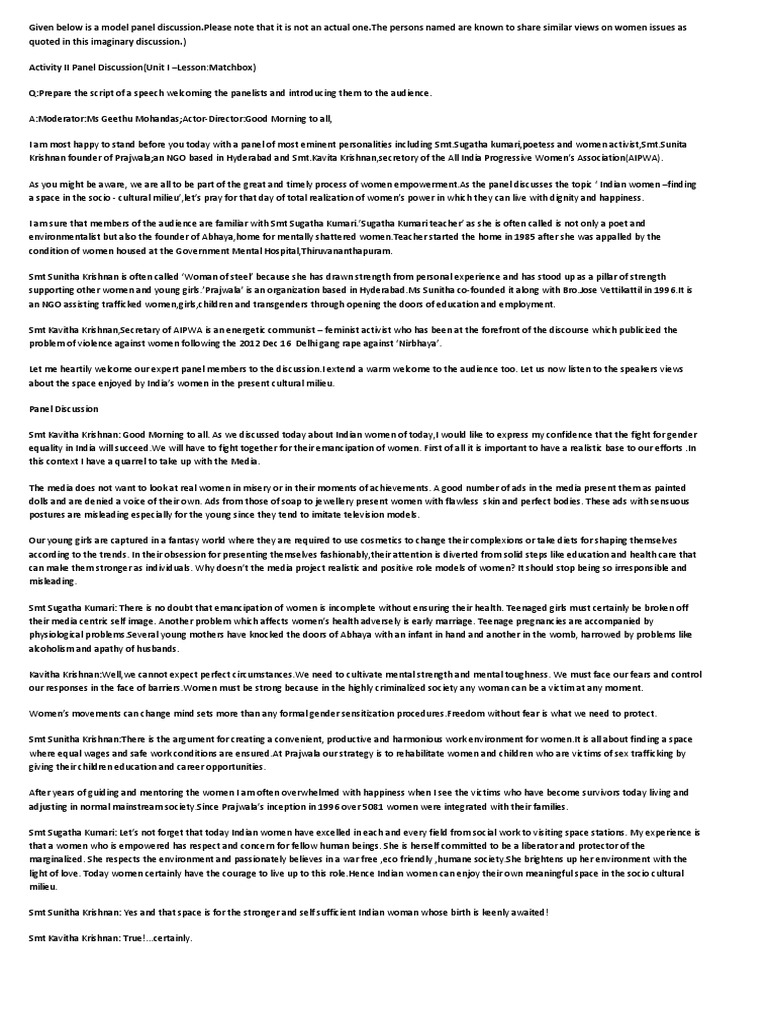 Activity - II - Panel - Discussion - Unit - I - Lesson - Matchbox - Ann ...