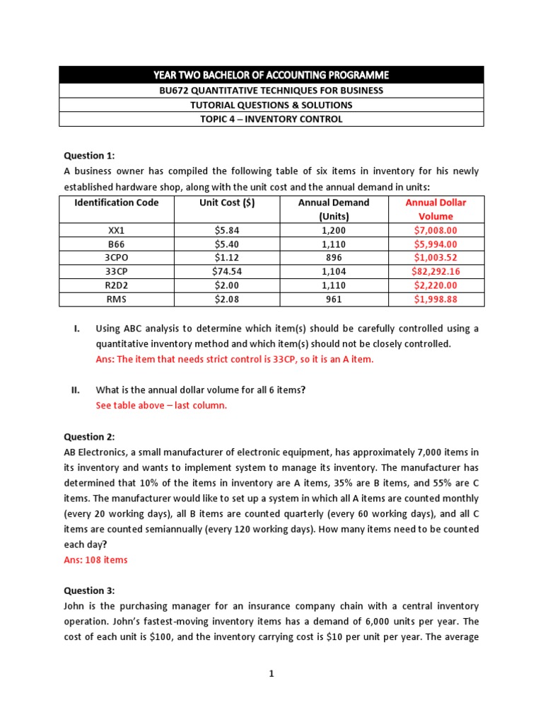 T 4 Inventory - QS and Solutions | PDF | Supply Chain Management | Business