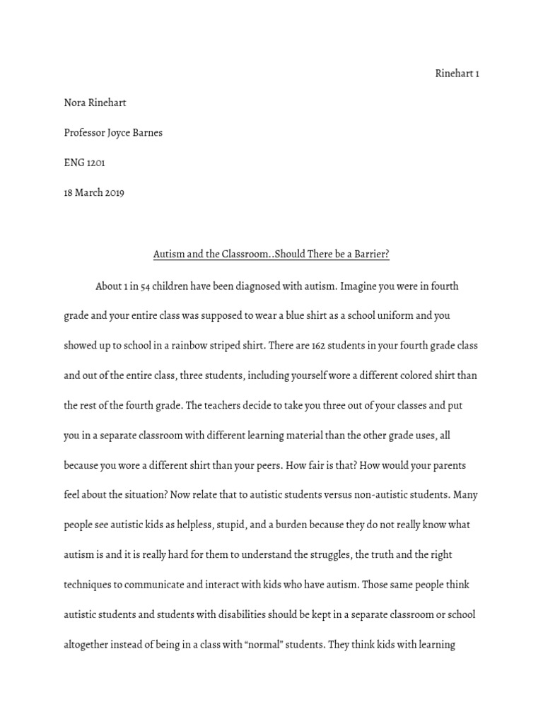 Autism Essay 1 | PDF | Inclusion (Education) | Autism Spectrum