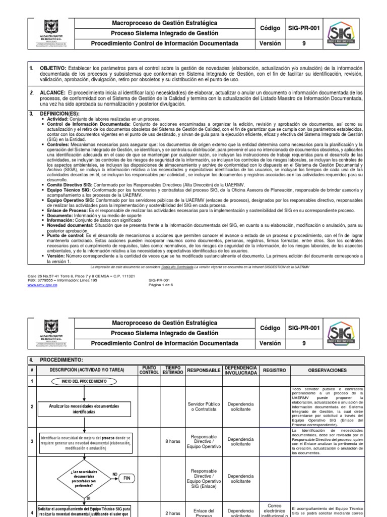 SIG-PR-001-V9 Procedimiento Control de Informacion Documentada | PDF ...