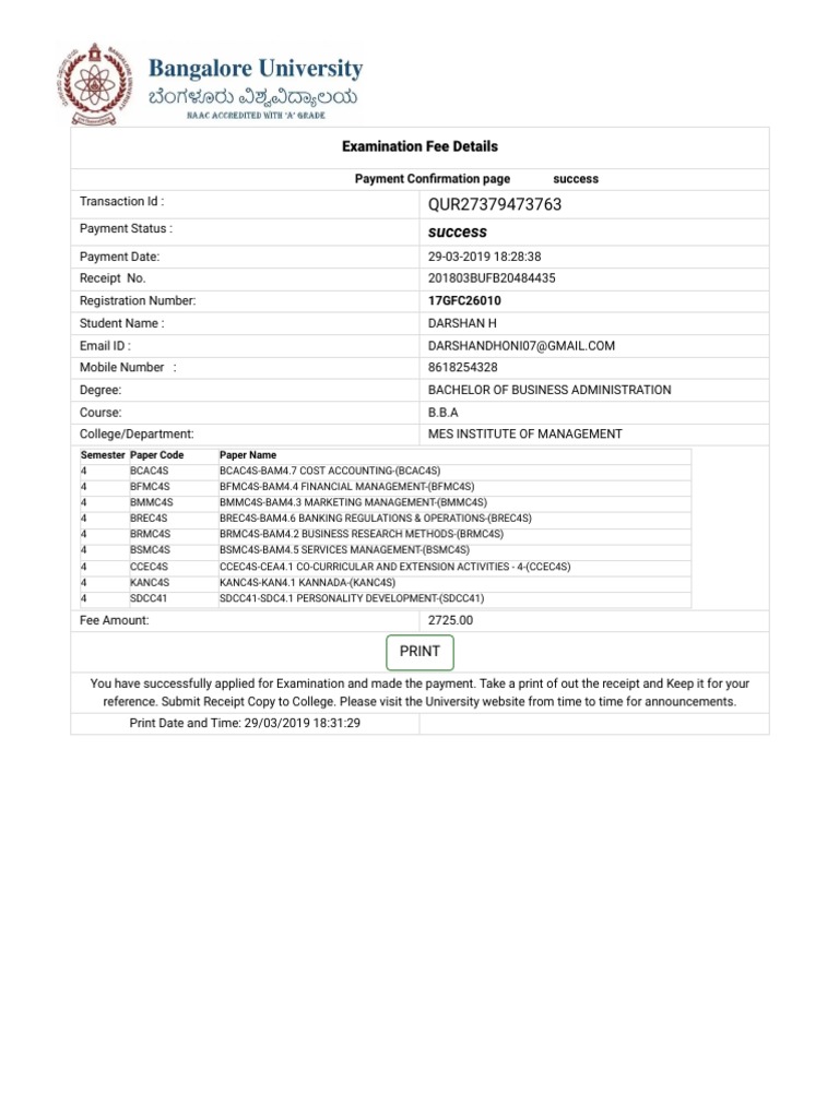 Bangalore University | PDF | Receipt | Fee