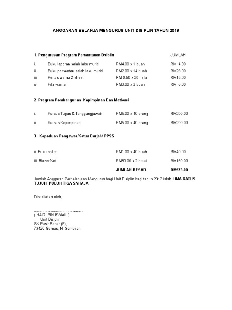 Anggaran Belanja Mengurus Unit Disiplin Tahun 2010 | PDF