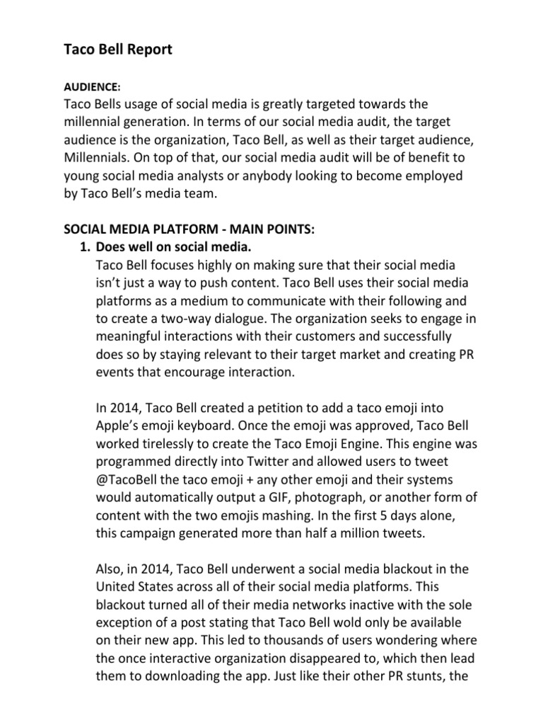 Taco Bell Report: Social Media Platform - Main Points: 1. Does Well On ...