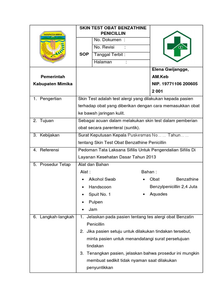 Sop Skin Test Obat Benzathine Benzylpenicillin | PDF