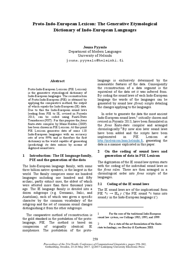 PIE Lexicon - The Generative Etymological Dictionary of IE Languages - Pyysalo 2017 | PDF ...