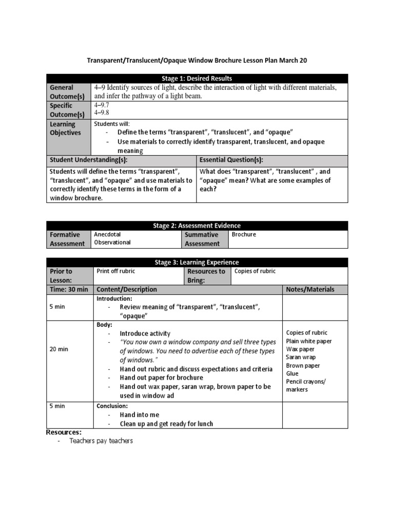 Transparent Translucent Opaque Window Brochure Lesson Plan March 20 ...